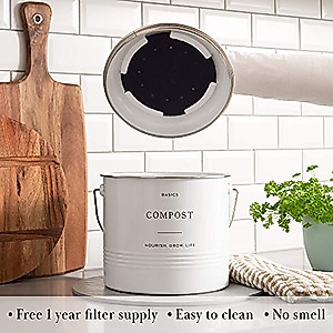 D’Lifeful Farmhouse Compost Bin for Kitchen Indoor – 1.3 Gallon Carbon Steel Countertop Compost Bin – Sealed with Airtight Lid - Compost Pail or Compost Bucket with 6 Charcoal Filters – Stylish, White