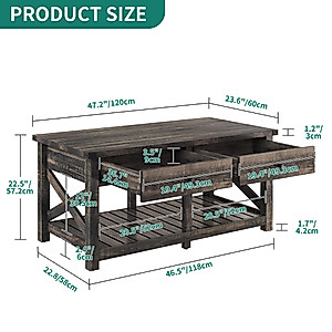 YITAHOME Coffee Tables for Living Room,Farmhouse Coffee Table with Storage,Wood Rustic Cocktail Table with 2 Cabinets,Industrial Center Table with Sturdy Shelf,Dark Rustic Oak