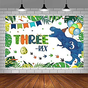 AIBIIN 7x5ft Dinosaur Three-rex Birthday Backdrop for Boy Happy 3rd Birthday Dinosaur Egg Balloon Confetti Photography Background 3 Years Old Party Decorations Supplies Banner Photo Shoot Studio Props