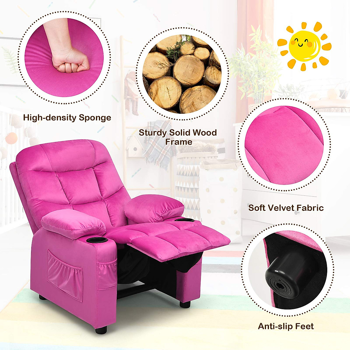 Costzon Kids Velvet Recliner Chair with Cup Holder, Footrest & Side Pockets for Children Boys Girls Baby Bedroom, Adjustable, Ergonomic Toddler Furniture Sofa Gifts (Rose)