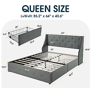 WEEWAY Upholstered Queen Size Bed Frame with 4 Storage Drawers and Wingback Headboard, Button Tufted Design, No Box Spring Needed, Easy Assembly, Light Grey