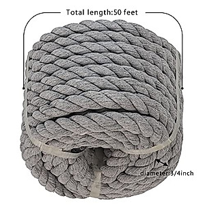 Gray Cotton Rope (3/4in x 50 ft) Strong Twisted Rope for DIY Crafts Gardening Hammock Home Decorating