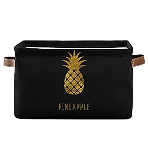 ALAZA Gold Pineapple Black Large Storage Baskets with Handles Foldable Decorative 2 Pack Storage Bins Boxes for Organizing Living Room Shelves Office Closet Clothes