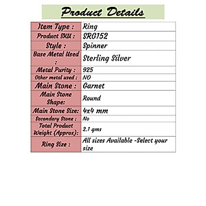 Garnet Silver Spinner Band Ring For Men Women Solid 925 Sterling Silver Spinner Meditation Band Ring Handmade Gift Item Goyal ExportsSRG152 (US-10.5)