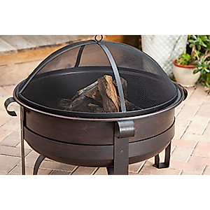 Fire Sense 62339 Fire Pit Cornell Wood Burning Unique Brushed Bronze Finish Lightweight Portable Outdoor Firepit Backyard Fireplace Included Multipurpose Screen Lifter Tool - 31"