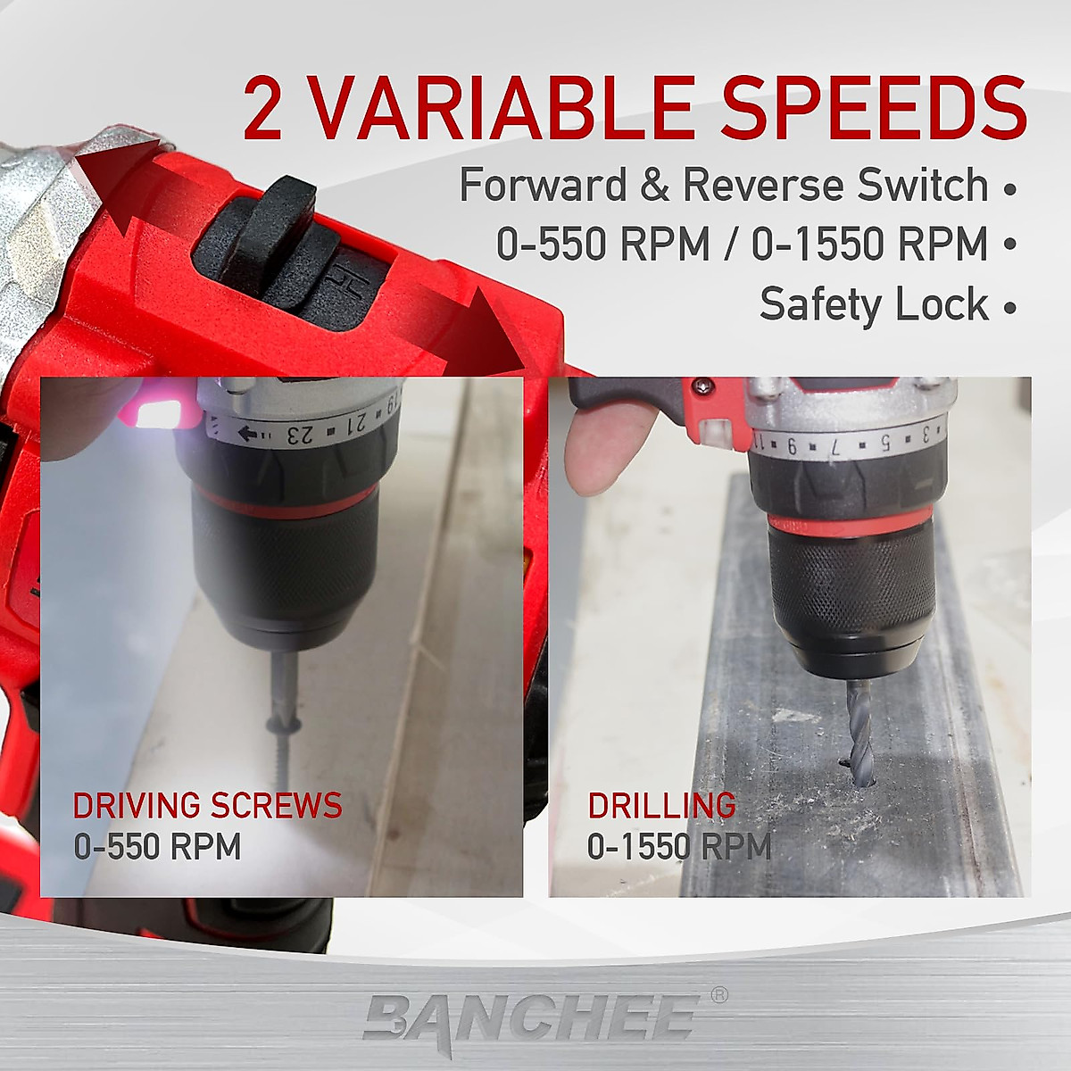BANCHEE 20V Brushless Cordless Power Drill kit, 3/8 "keyless metal ratchet chuck, 23+1 Torque Settings with 2x1.5Ah Batteries and Charger, 2-Variable Speeds,27 Bit Set