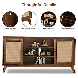 AWQM TV Stand for Living Room, Mid Century Modern TV Console, Rattan Entertainment Center with Storage and Open Shelves, Walnut