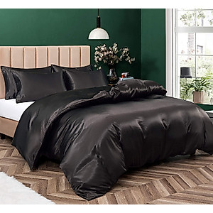 Pride Beddings 5 Pieces Satin Duvet Cover California King Size Black Duvet Cover Bedding Set with Zipper Closure, 1 Duvet Cover + 4 Pillow Cases