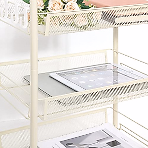 ruishetop Rolling Push Cart Stand Shelves, Storage Rack with Wheels with Mesh Wire Basket, Multifunction Metal Trolley Organizer for Home, Office, Bedroom, Bathroom, Kitchen (3-Tier Rack Beige)