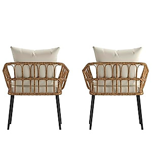 Flash Furniture Evin Set of 2 Boho Indoor/Outdoor Patio Chairs - Natural Finish Faux Rattan Wicker - Cream All-Weather Cushions - Integrated Armrests