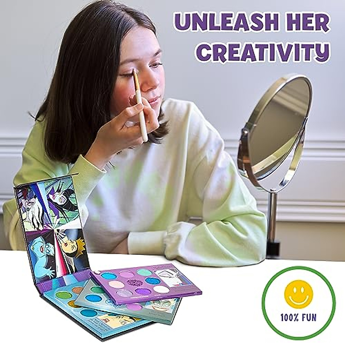 Townley Girl Disney Villians Water Based 27-Well Eyeshadow Swivel Palette, Shimmery and Opaque Colors, Pigmented Blendable, Long-lasting Colors, Ages 3 and Up