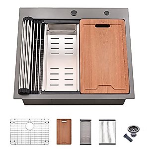 25x22-Inch Black Drop In Kitchen Sink Workstation - VOKIM 25 Inch Single Bowl Kitchen Topmount Sink 16 Gauge Stainless Steel 10'' Deep Handmade Kitchen Sink with Cutting Board& Strainer