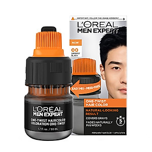 L’Oreal Paris Men Expert One Twist Mess Free Permanent Hair Color, Mens Hair Dye to Cover Grays, Easy Mix Ammonia Free Application, Deepest Black 00, 1 Application Kit