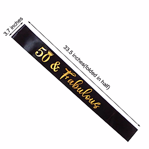 Docooniver 50th Birthday Sash for Women and Men,50&Fabulous Sash Black with Gold Foil Lettering.