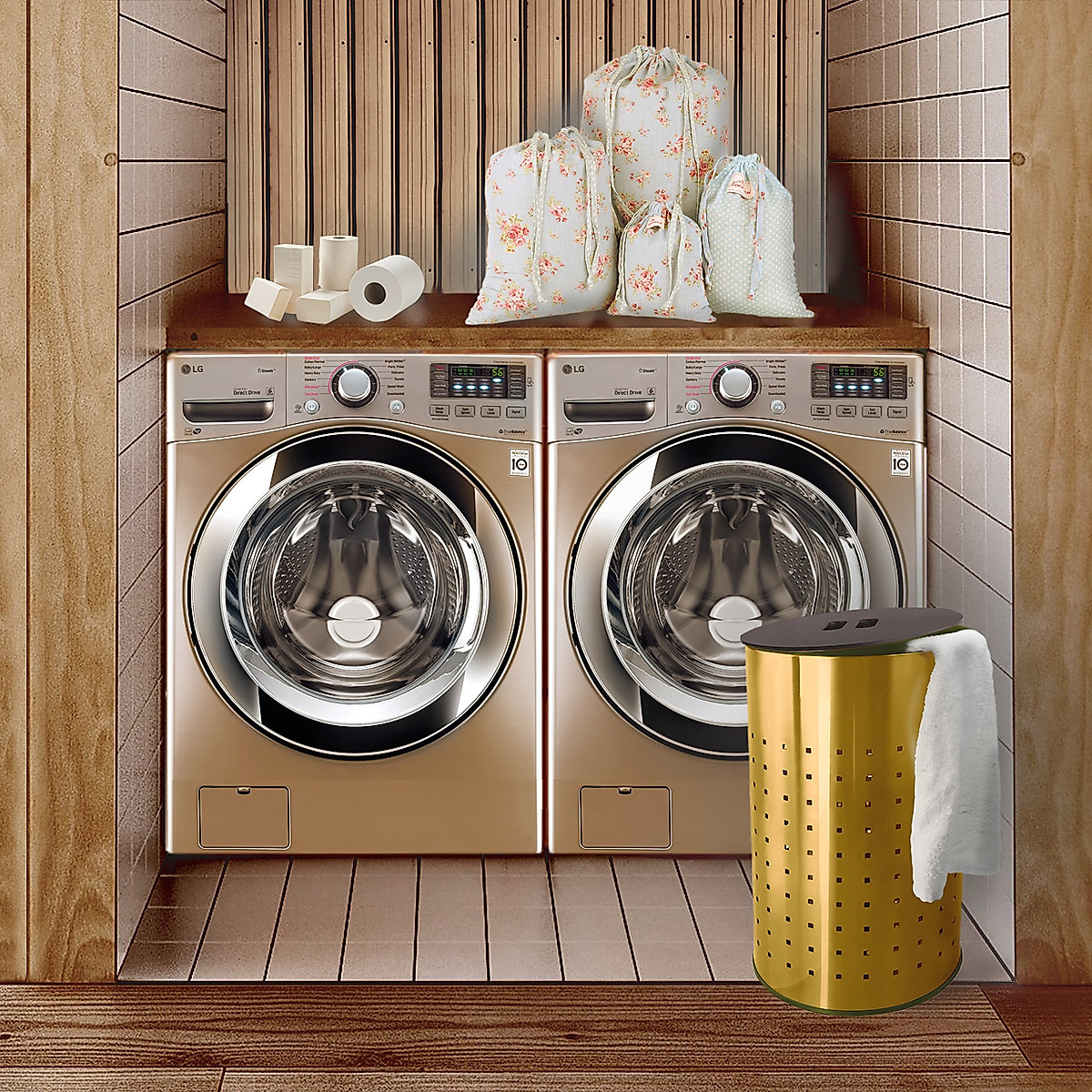 Brushed Gold Laundry Bin & Hamper | 50L Ventilated Stainless Steel Clothes Basket with MDF Lid | Life Time Warranty|