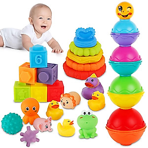Ganowo Montessori Toys for 1 Year Old, 5 in 1 Baby Toys 12-18 Months, Stacking Building Blocks Baby Teething Toys, Sensory Preschool Learning Educational Toys