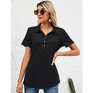 TFSDOD Womens Casual Polo T Shirts V Neck Short Sleeve Button Down Business Casual Tops Loose Work Blouses Black S