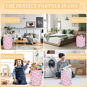 Pink Smiley Face Laundry Basket, Boho Laundry Hamper Foldable Waterproof Oxford Cloth Funny Tote Bag Dirty Clothes Storage Bucket Toy Organizer for Bathroom/Laundry/Bedroom 15.7"x19.6"