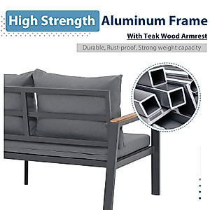 JOIVI Outdoor Couch, 3-seat Aluminum Outdoor Sofa with Teak Arms, Patio Couch with Teak Wood Armrest, High-Density Sponge, 3-Seater Aluminum Frame Couch for Outside Poolside, Lawn, Backyard, Gray