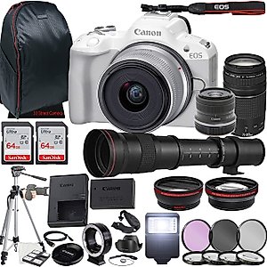 Canon EOS R50 Mirrorless Camera (White) w/RF-S 18-45mm f/4.5-6.3 is STM Lens + EF 75-300mm f/4-5.6 III Lens + 420-800mm f/8.3 HD Lens + 2X 64GB Memory + Case + Filters + More (35pc Bundle)
