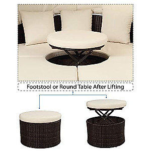 Merax Patio Round Daybed Furniture Set with Retractable Canopy, Coffee Table & Waterproof Cushions, Outdoor Wicker Rattan Sectional Sofa Set for Garden Poolside Backyard Lawn Porch (Beige, 4 Piece)