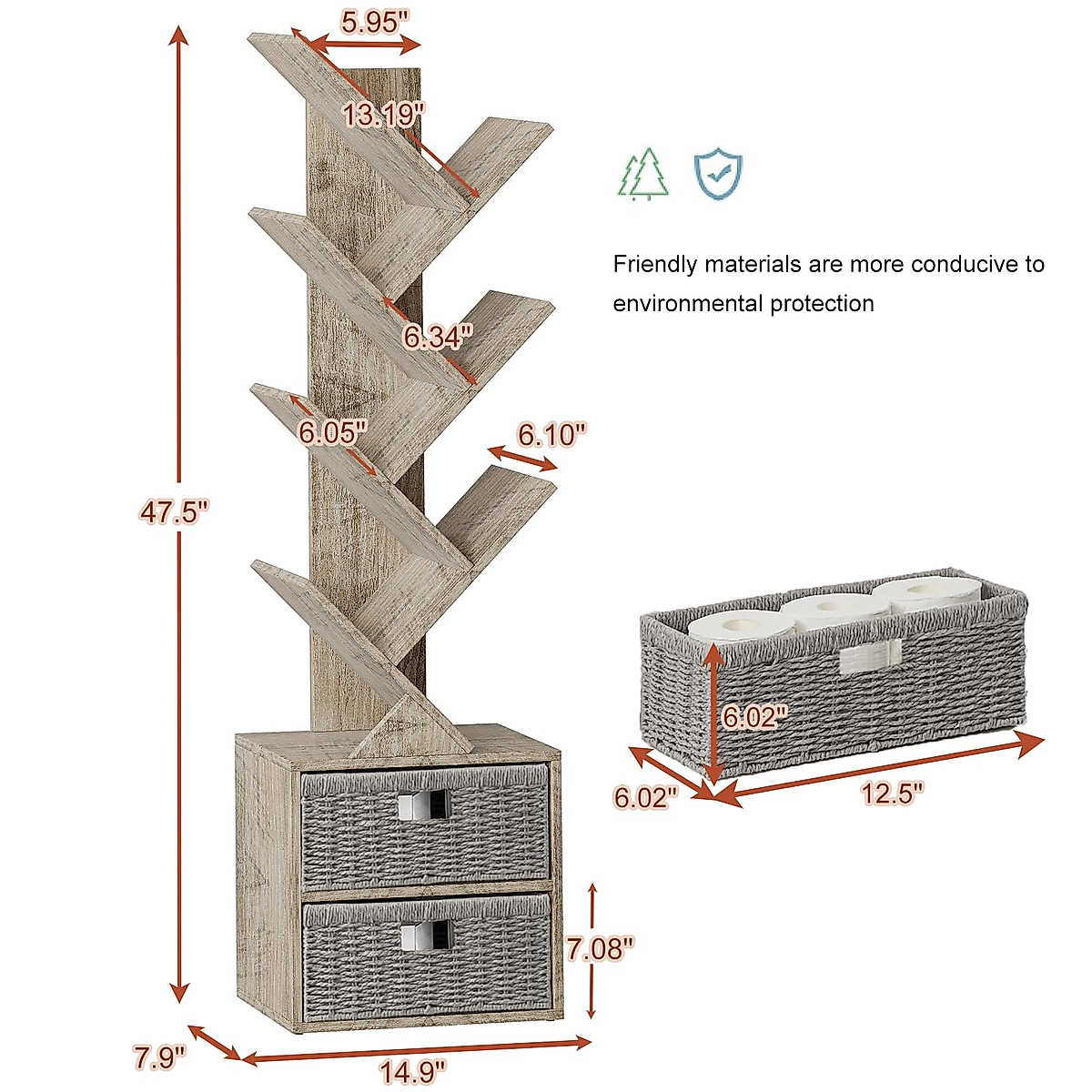 Vagusicc 6 Tier Tree Bookshelf, Modern Floor Standing Bookcase with Storage Drawer, Space Saving Storage Organizer Book Shelves for Books, Tall Wood Storage Rack for Bedroom/Living Room/Home Office
