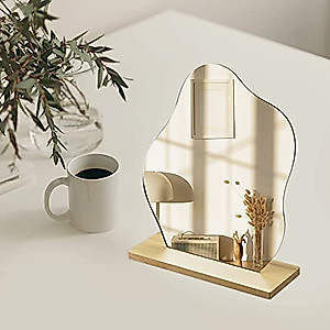 Irregular Aesthetic Mirror Frameless Funky Makeup Mirror Decorative Desk Tabletop Wavy Mirror with Wooden Stand for Living Room Bedroom and Minimal Spaces Home Decor (Cloud Shape)