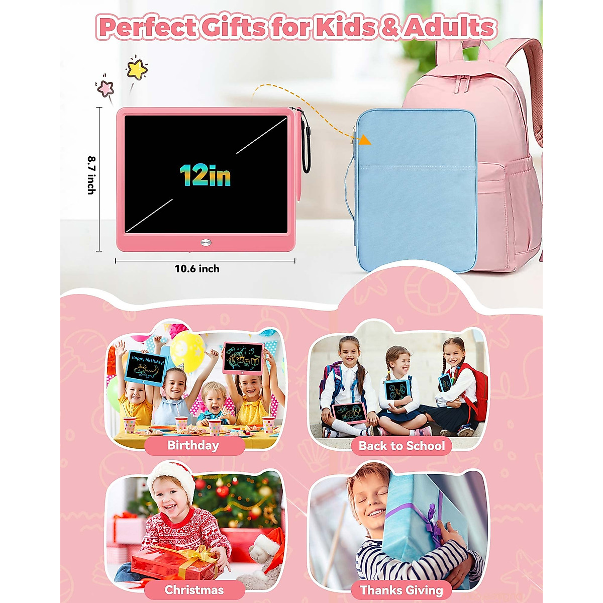 KOKODI 12 Inch LCD Writing Tablet with Anti-Lost Stylus, Erasable Doodle Board Colorful Toddler Drawing Pad, Car Travel School Games Toys for 3 4 5 6 7 8 Kids, Birthday Gift for Girls Boys Adults Pink