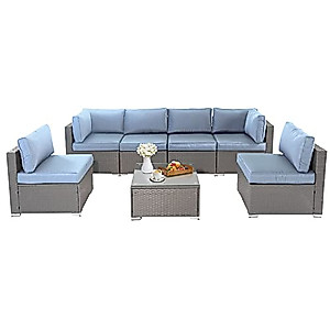 SOLAURA 7-Piece Outdoor Patio Furniture Set, Gray Wicker Conversation Furniture Modular Sectional Sofa Set with YKK Zipper &Coffee Table - Sky Blue