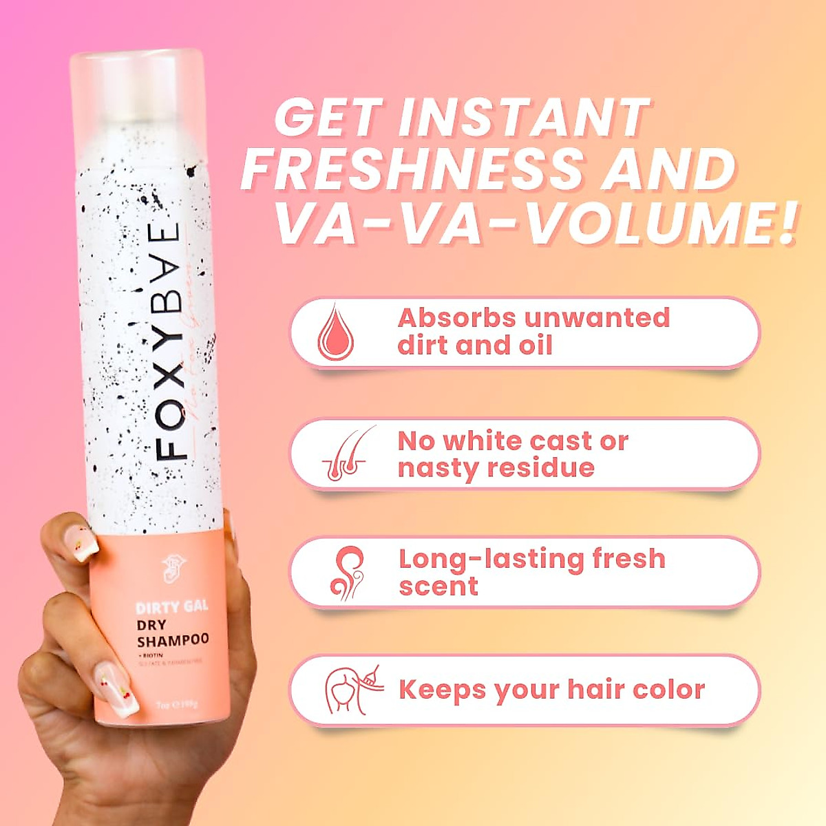 FoxyBae Volumizing Dry Shampoo Spray for Women - With Biotin for Hair Growth - For Dark, Brunette & Blonde Hair - Refreshing & Non-Toxic