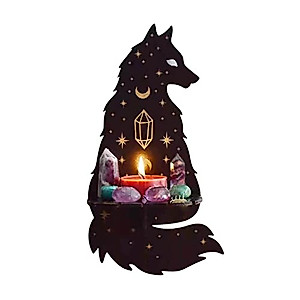 Halloween Decoration Hand Floral Sun and Moon Altar Shelf with-Pendulum and Necklace Stand Wooden Creative Crystal Wall Shelf (Wolf)