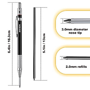 Enhon 2 MM Carpenter Pencils Set with 12 Marker Refills and Sharpener, Mechanical Carpenter Pencil Woodworking Marking Tool Solid Deep Hole Construction Pencil, Extended Needle-Nose Tip (Black)