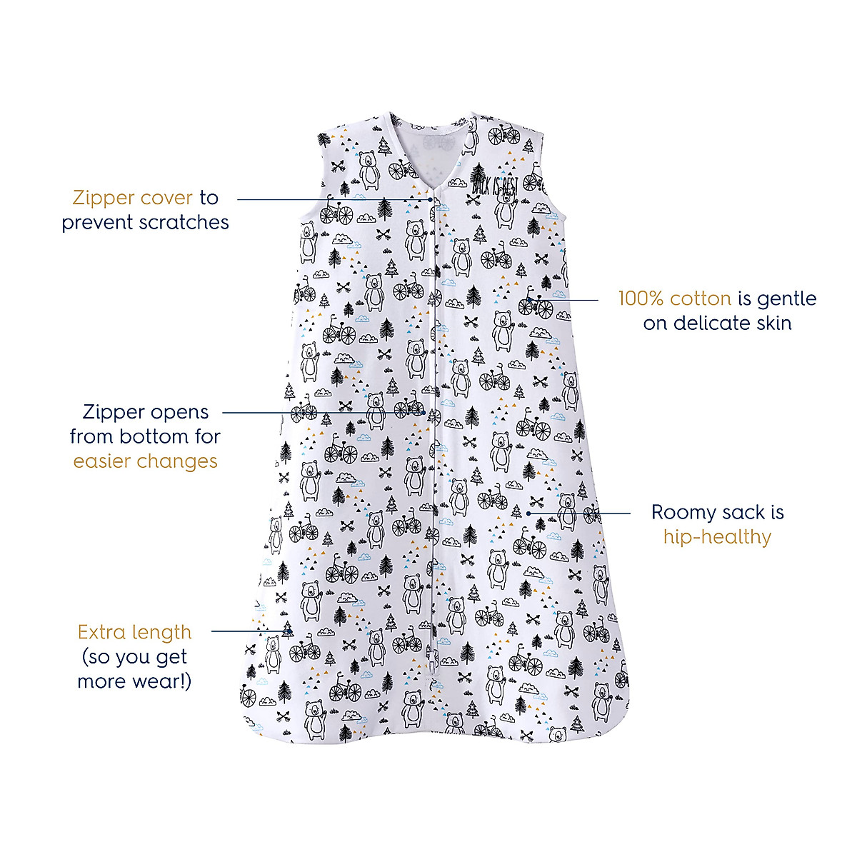 HALO SleepSack, 100% Cotton Wearable Blanket, Swaddle Transition Sleeping Bag, TOG 0.5, Huggy Bears, Large, 12-18 Months