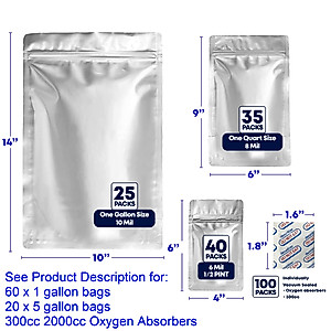 100 Mylar Bags For Food Storage - 10 mil 1 Gallon (25pc), 8 mil 1 Quart (35pc, 6 mil 1/2 Pint (40pc, Stand Up Resealable Mylar Bags With Oxygen Absorbers 300CC Packing Ziplock Sealable Milar Myler Bag