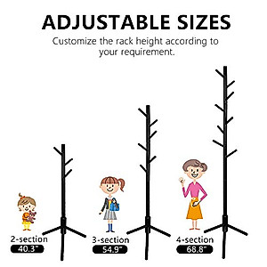 Alotpower Wooden Tree Coat Rack Stand, 3 Adjustable Sizes, 8 Hooks - Super Easy Assembly NO Tools Required - Free Standing Solid Coat Hanger Stand for Clothes, Suits, Accessories (Black)