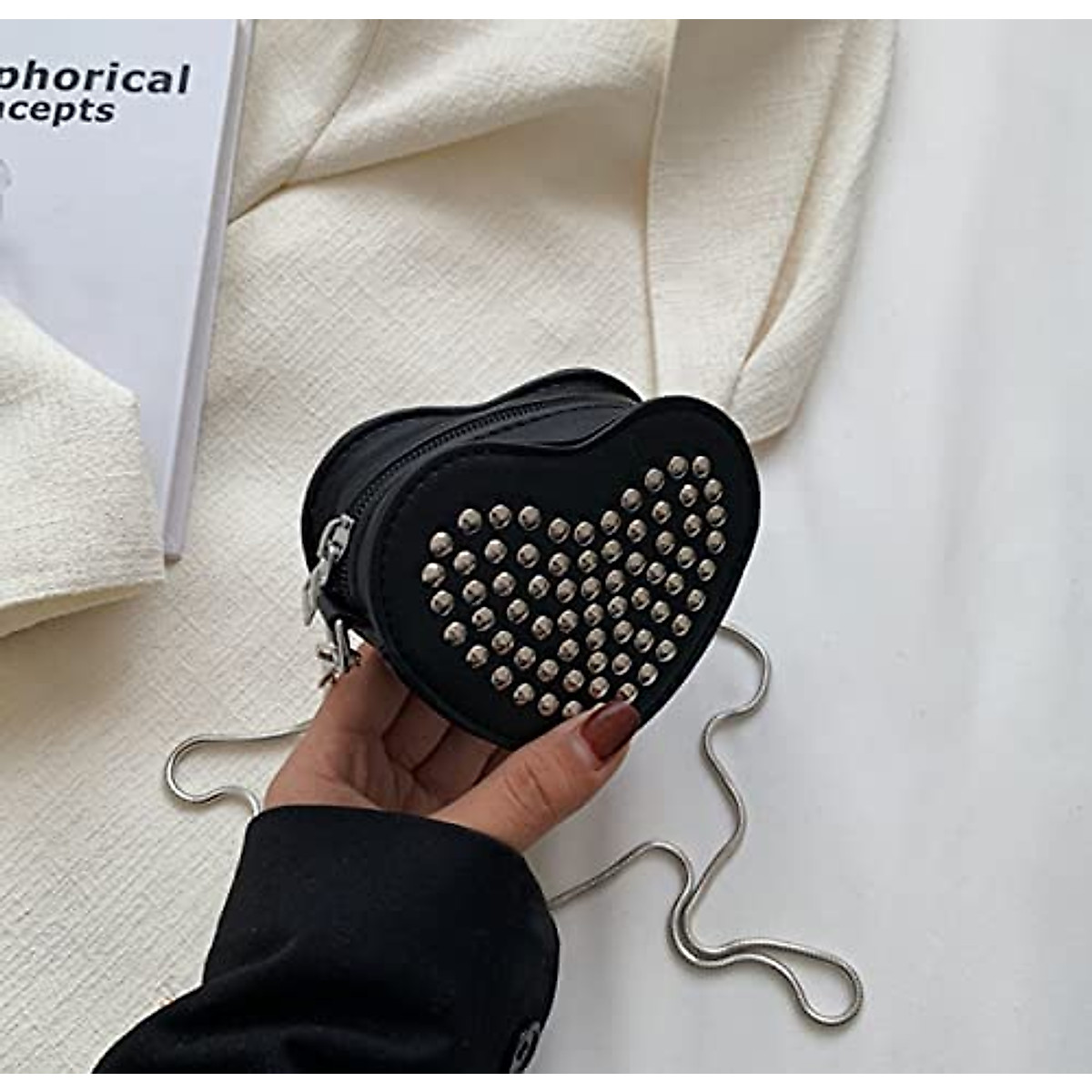 Cute Heart Shaped Mini Crossbody Bags for Women Girls Small Round Purse PU Leather Mini Shoulder Bag with Bling Rivets & Chain Strap (Black,Heart Shaped)