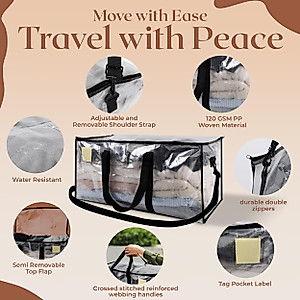 6-Pack Extra-Large, Heavy-Duty, Semi-Transparent Moving Bags Totes for Clothes, Storage, Supplies - Removable and Adjustable Shoulder Straps, Double Zippers, and Reinforced Handles