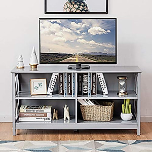Tangkula TV Stand for TVs up to 55 Inches, 47" Farmhouse Entertainment Center with 4 Open Shelves & Built-in Cable Holes, TV Console Table with X-Shaped Frame for Living Room (Grey)