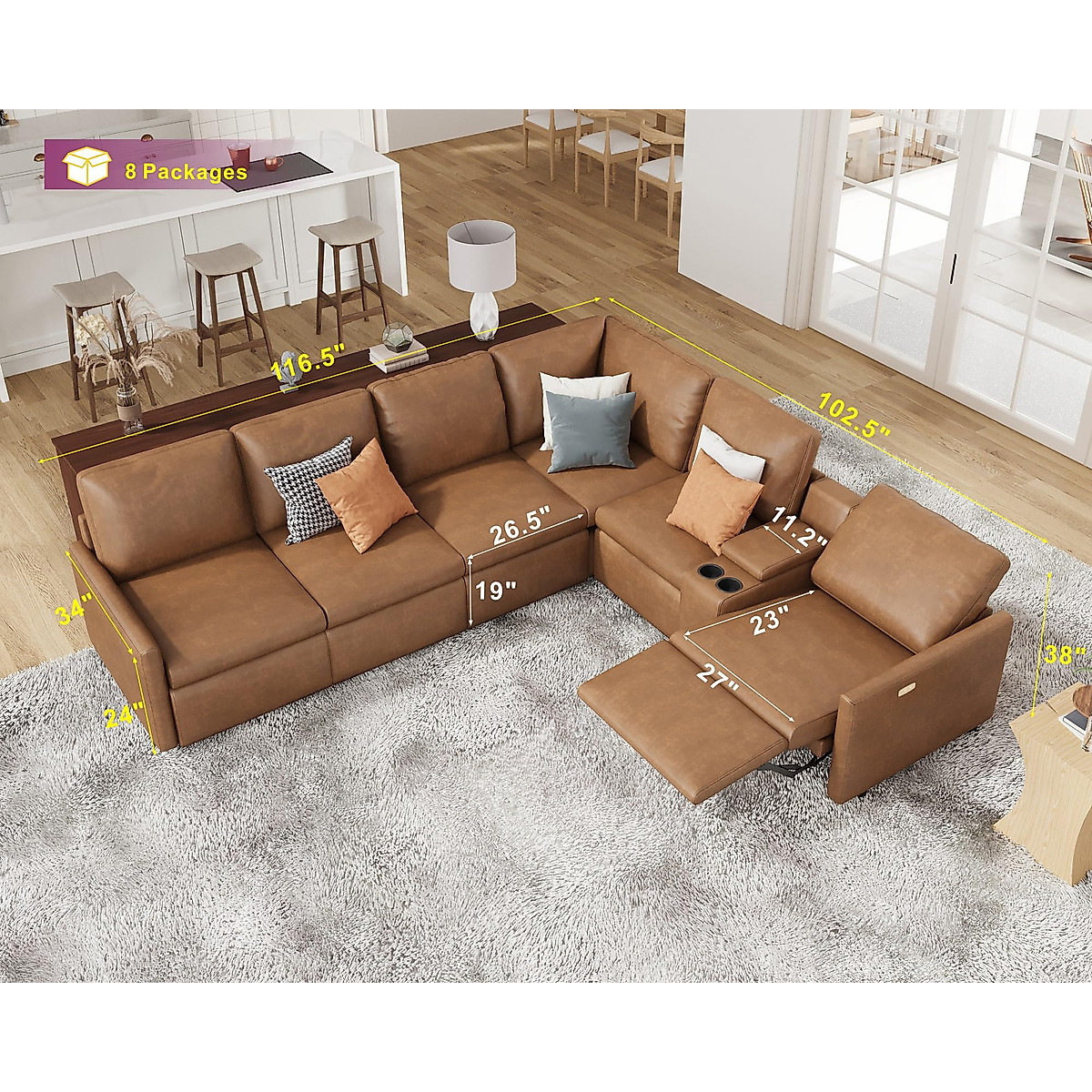 AMERLIFE Reclining Sectional Sofa, Power Recliner with Console& Single Right Recliner, 6 Seats L Shaped Couch with Cup Holder& Charging Port, Leather Modular Couch for Living Room