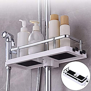shlutesoy Bathroom Shelf Shower Storage,Shower Storage Shelf,Multifunctional Punch Free Shower Rod Rectangular Storage Rack Holder Black White
