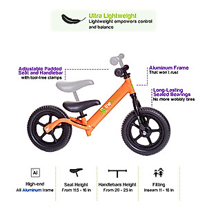 The Original Croco Ultra Lightweight and Sturdy Balance Bike.2 Models for 2, 3, 4 and 5 Year Old Kids. Unbeatable Features. Toddler Training Bike, No Pedal. (Orange, Ultralight 12 Inch)