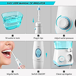 Dental Water Flosser, Oral Irrigator, 10 Adjustable Pressure Teeth Cleaner, 8 Interchangeable Jet Tips, 600 ML Capacity for Tooth Cleaning, Waterproof Leakproof Family(White) 9 Piece Set