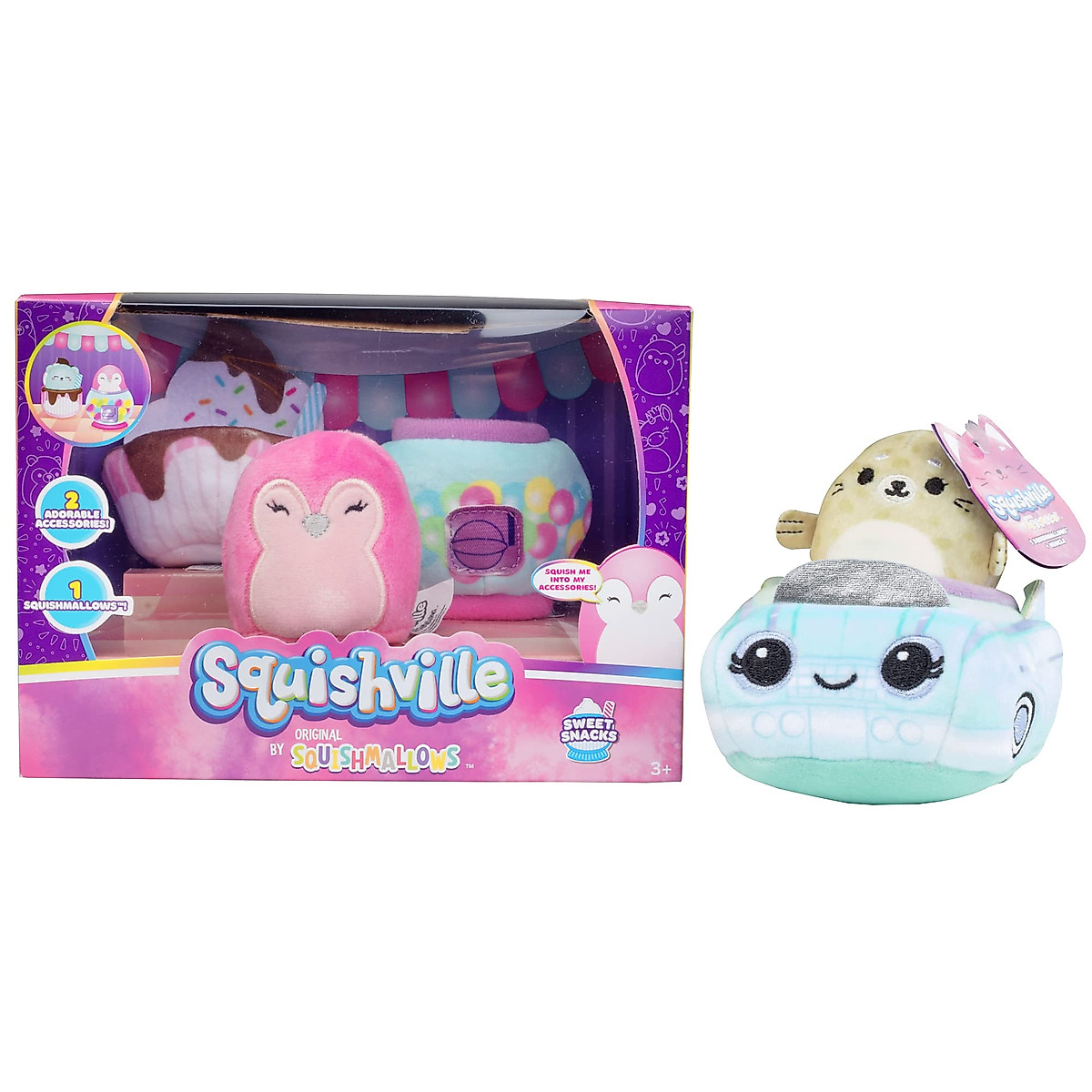 Squishmallows Squishville Mini 2" Plush - Sweet Snacks Set with Ice Cream & Gumball Mini Stuffed Toys - Accessories and Vehicle - Official Kellytoy - Great Stocking Stuffer Gift for Kids