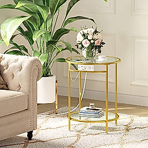 Rolanstar End Table with Charging Station, Round Side Table with Double Glass Shelves & Metal Frame, Small Coffee Accent Table, Modern Nightstand Bedside Table for Living Room, Bedroom, Gold