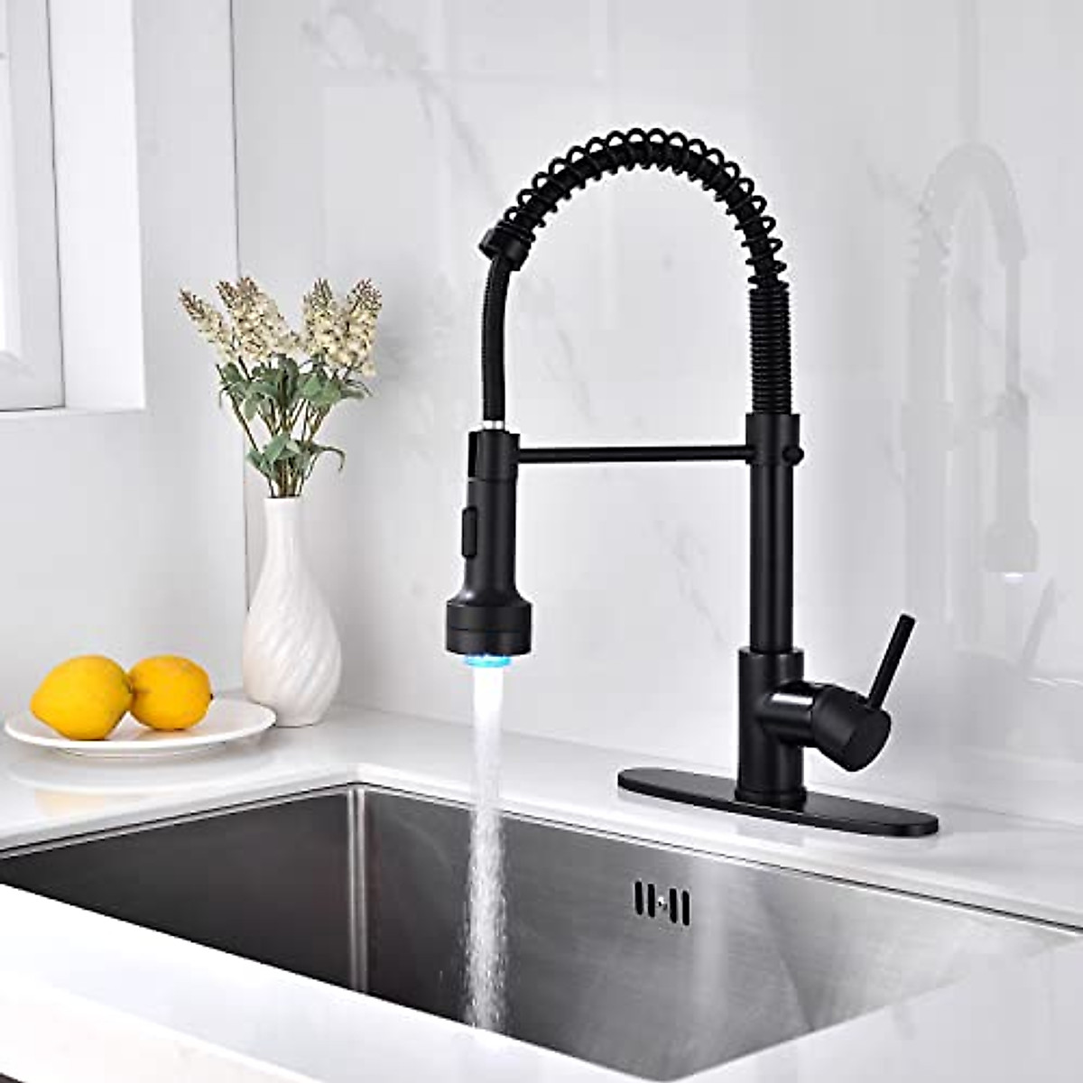 BZOOSIU Kitchen Faucet with Pull Down Sprayer, 17.65 inch Solid Brass Commercial Spring Single Handle LED Kitchen Sink Faucet for Farmhouse Camper Laundry Utility Rv Bar Sinks, Matte Black