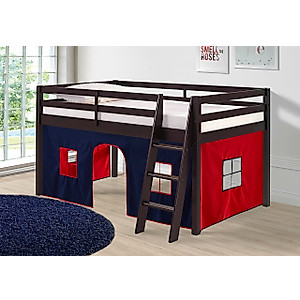 Roxy Pine Twin Junior Loft Bed, Espresso with Blue & Red Tent, Solid Wood Frame, Safety Guardrails, Flexible Ladder Position, Ventilated Playhouse Underneath, Fits Twin Mattress