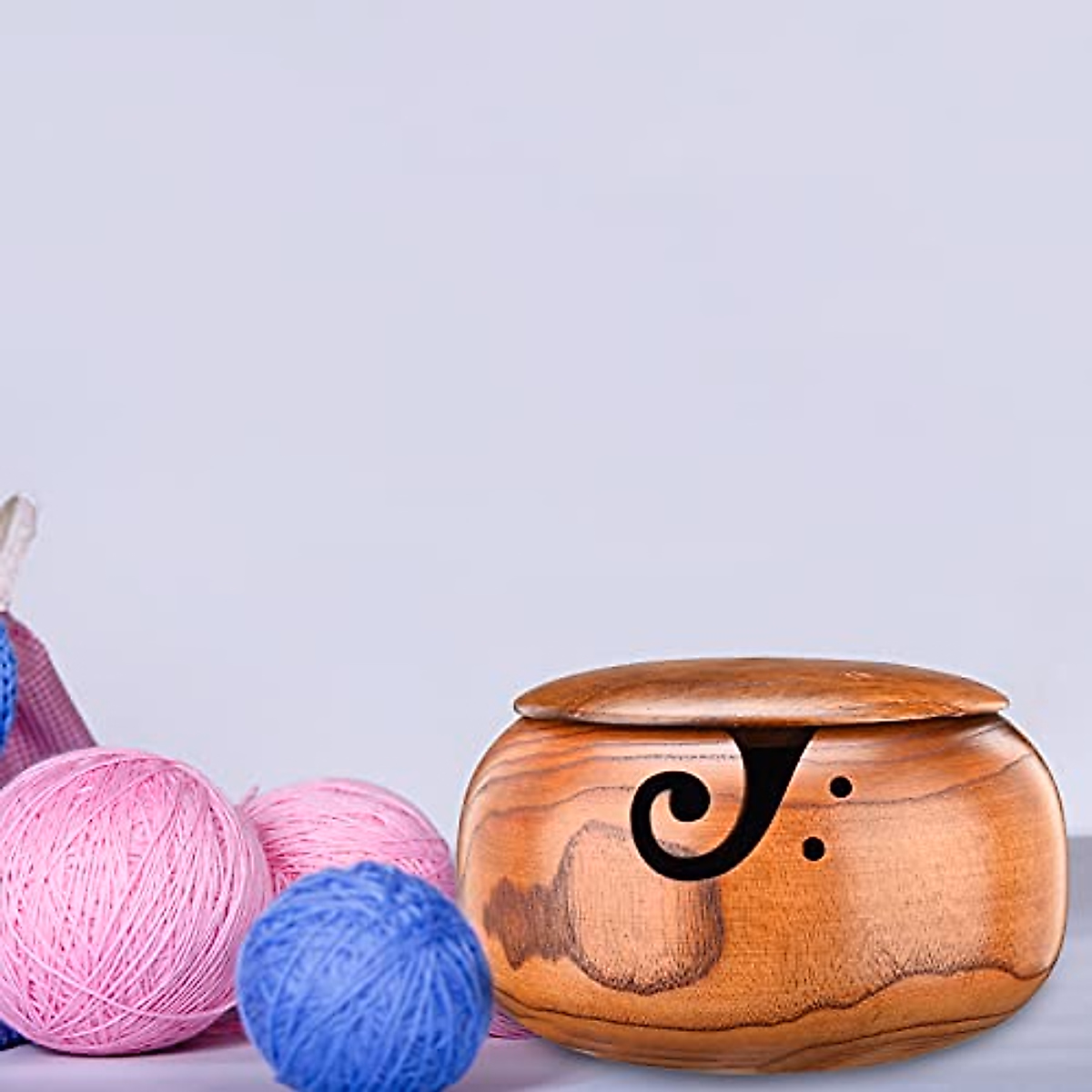 LPAYOK Wooden Yarn Bowl, Knitting Yarn Bowls with Lid, Holes, Crochets, Round Bowl Holder Handmade Yarn Storage Bowl Perfect for DIY Craft Knitting Crocheting 6.3x3.7