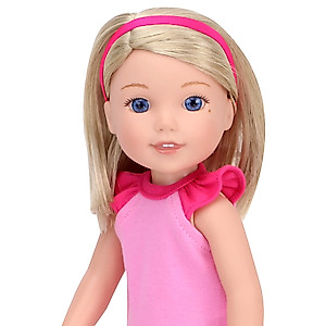 Sophia's Heart Pajama Set with Pink Top, Heart Print Shorts, Hairpiece and Hot Pink Furry Slippers for 14.5" Dolls, Pink/Black