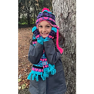 N'Ice Caps Kids Hat Glove Scarf Girls Winter Knit Accessory Set Warm Sherpa Lined 3 Piece (8-12 Years, purple/turq/fuchsia/black)