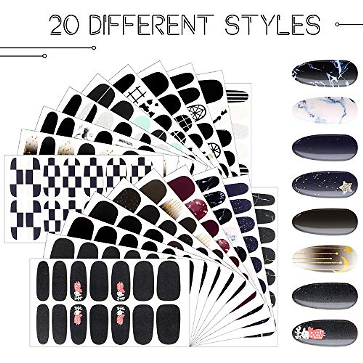 20 Sheets 280 Pieces Black Nail Wraps Self Adhesive Full Cover Nail Decals Art Nail Polish Stickers False Nail Decals Manicure Stickers with 2 Pcs Nail Files for Girls Women (Chic Style)